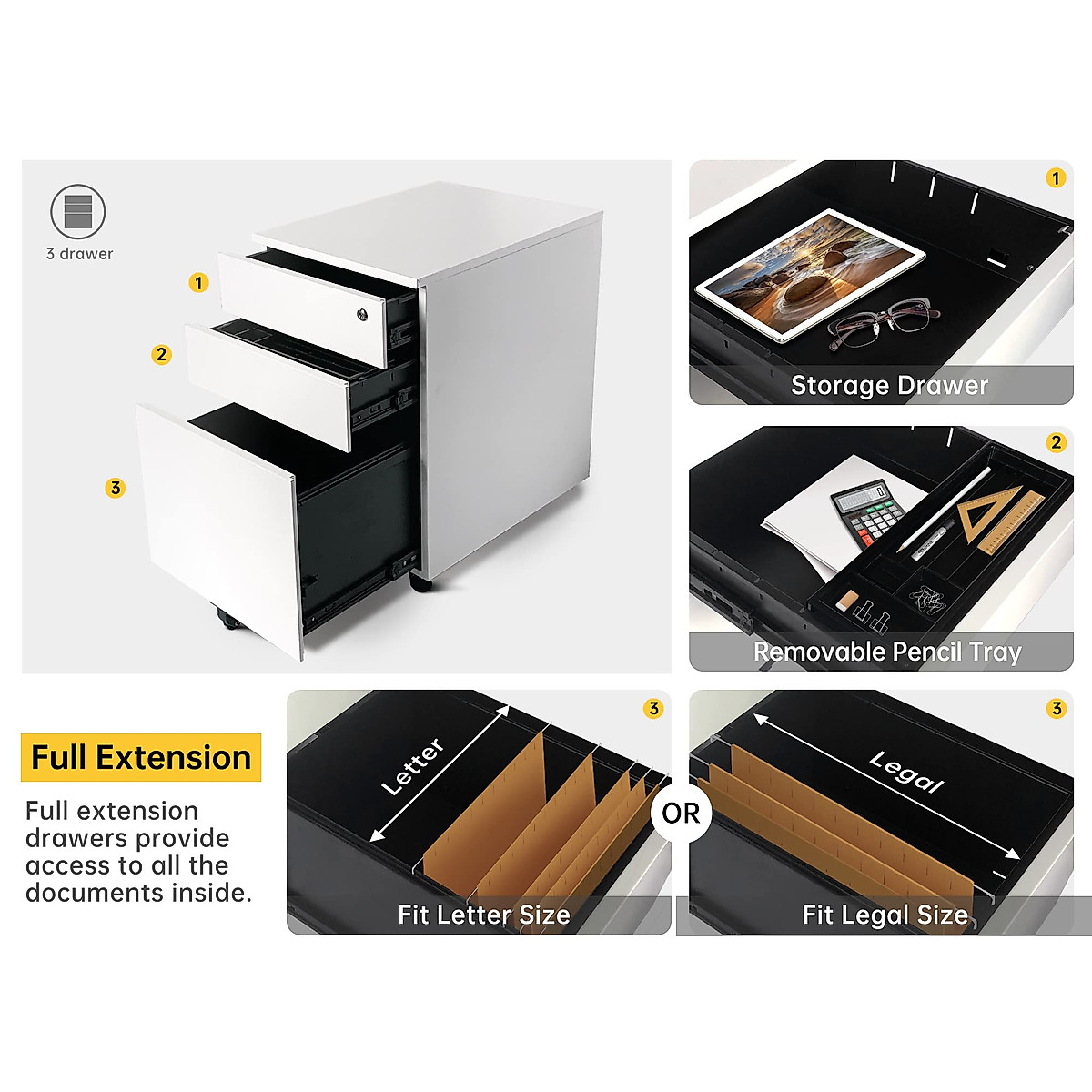 3 Drawer File Cabinet with Lock, Mobile Rolling File Cabinet, Under Desk File Cabinet Fully Assembled Except Casters, Metal Small Filing Cabinet for Home Office