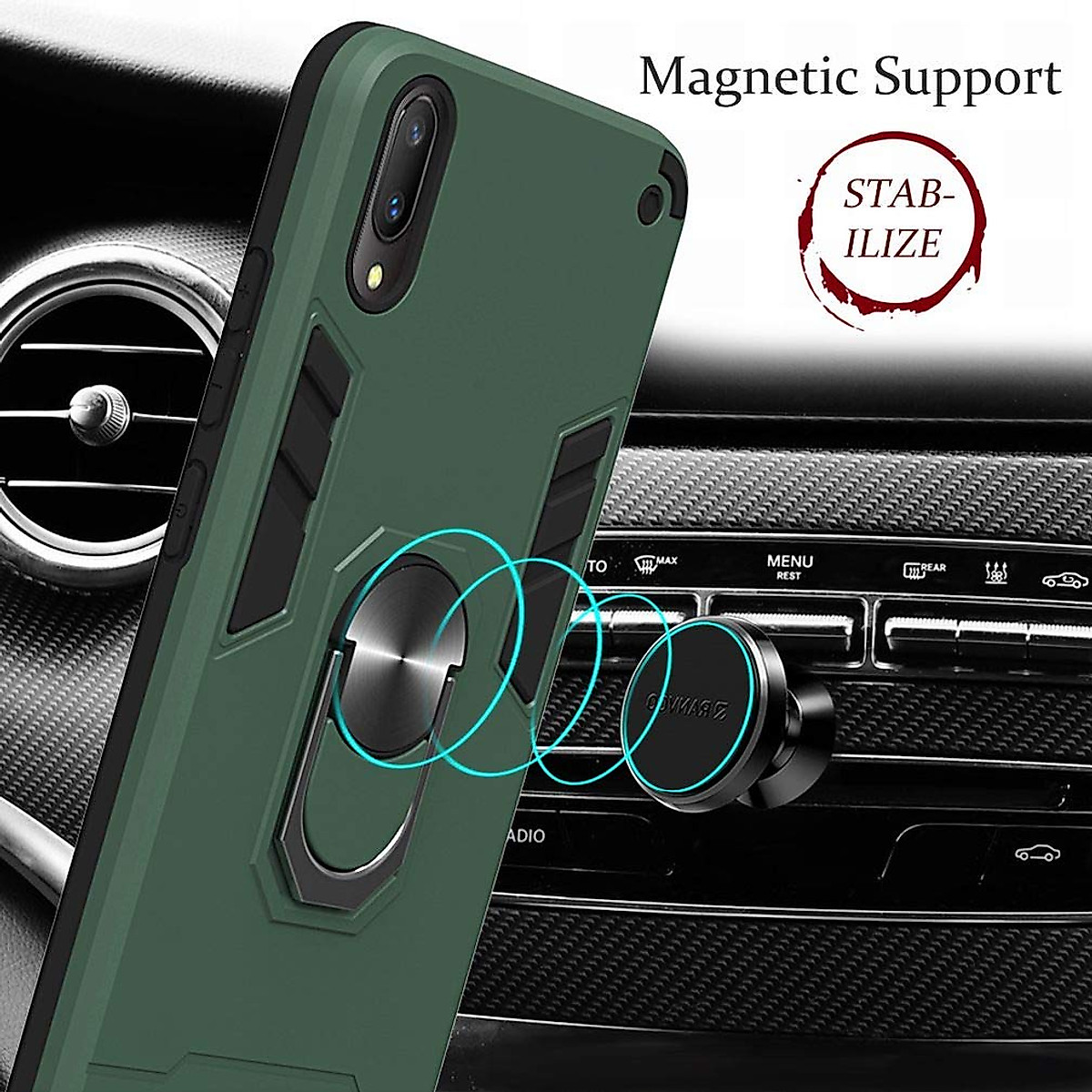 LEMORRY Case Compatible with Oppo Reno2 Case, Armor Cover Dual Layer Soft TPU Silicone + Hard PC Shell with 2in1 Ring-Stand & Car Holder, Shockproof Slim Fit Case Cover for Oppo Reno2, Green
