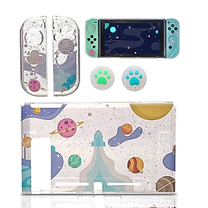 NANANINO Switch Clear Glitter Case, Switch TPU Case, Switch Protective Case with Animal Crossing Thumb Grips and Tempered Glass Screen Protector - Rocket Theme