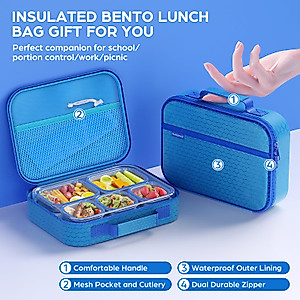 TIME4DEALS Bento Box Stainless Steel Lunch Box Set for Kids Adult 5-Compartment Leakproof Insulated Lunch Containers with Fork Lunch Bag Kits for School Works, Metal Lunchbox Tray BPA-Free (Blue)