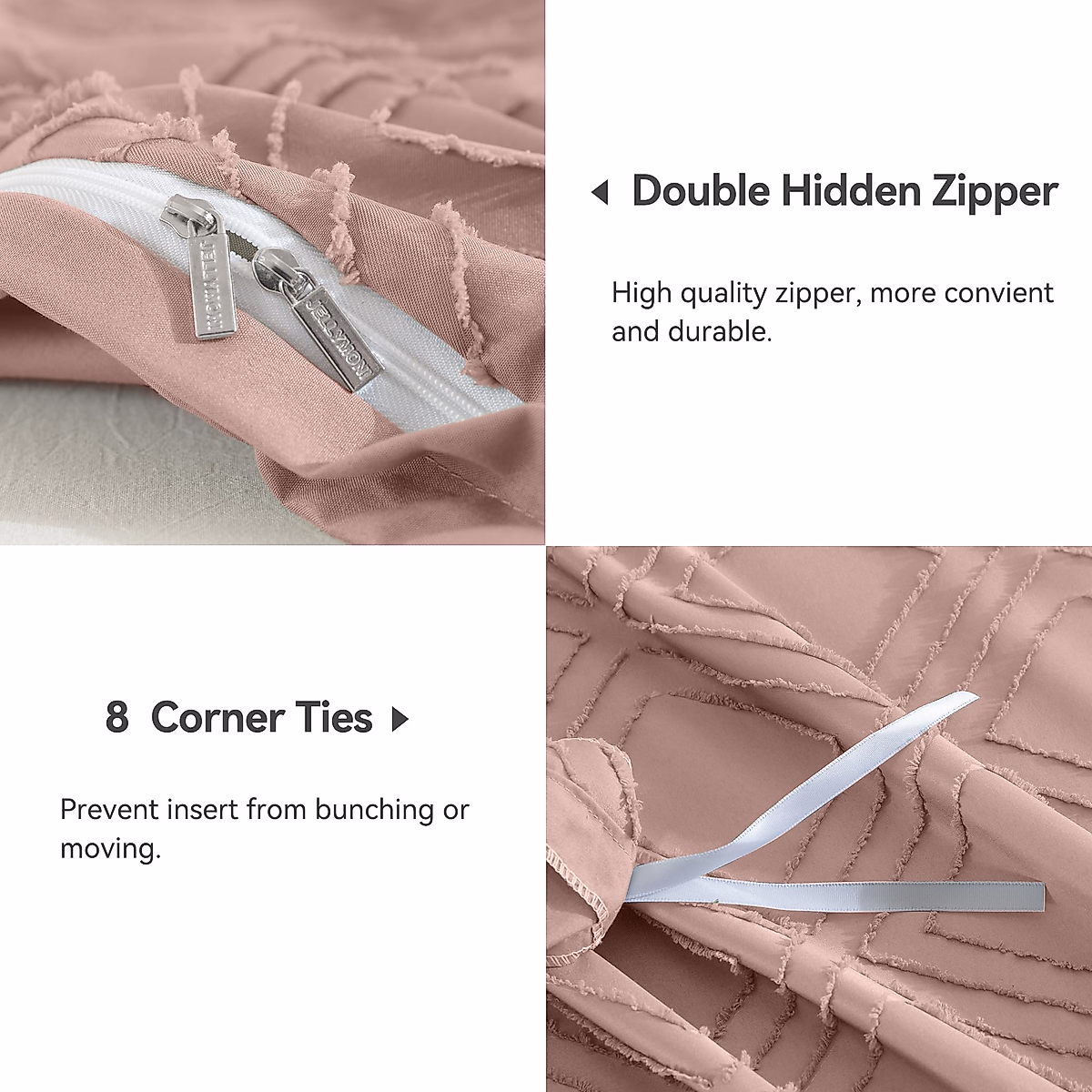 JELLYMONI Pink Duvet Cover Twin Size - 3 PCS Microfiber Tufted Duvet Cover Set, Boho Textured Duvet Cover Jacquard Rhombus Geometric Pattern Duvet Cover with Corner Ties & Zipper Closure