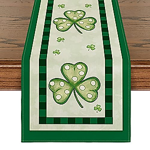 Artoid Mode Buffalo Plaid Shamrock St. Patrick's Day Table Runner, Seasonal Spring Wedding Holiday Kitchen Dining Table Decoration for Indoor Outdoor Home Party Decor 13 x 72 Inch