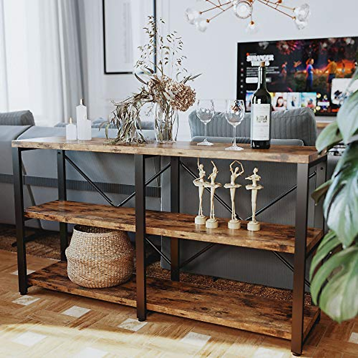 IRONCK Bookshelf Double Wide 3 Tier, Rustic Bookcases, Wood and Metal Bookshelves, Book Shelves for Home Office Decor Display, Easy Assembly