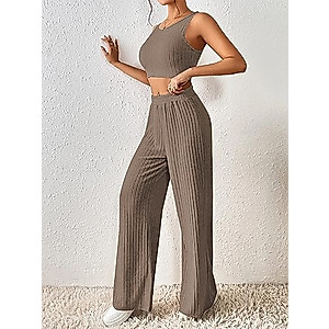 ZAFUL Women Two Piece Pajamas Set Solid Ribbed Knit Crop Tank Top Wide Leg Pants Loungewear Set
