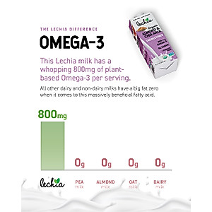 Organic Almond & Chia Milk, Zero Sugar, Almond Milk, with 800mg OMEGA-3 and Prebiotic Fiber, Vegan, Dairy Free, Gluten Free, Plant Based, Lactose Free, Non-GMO, Shelf-Stable, Low Carb, Keto, Soy Free, Kosher, Lechia, 32oz (6 Pack)