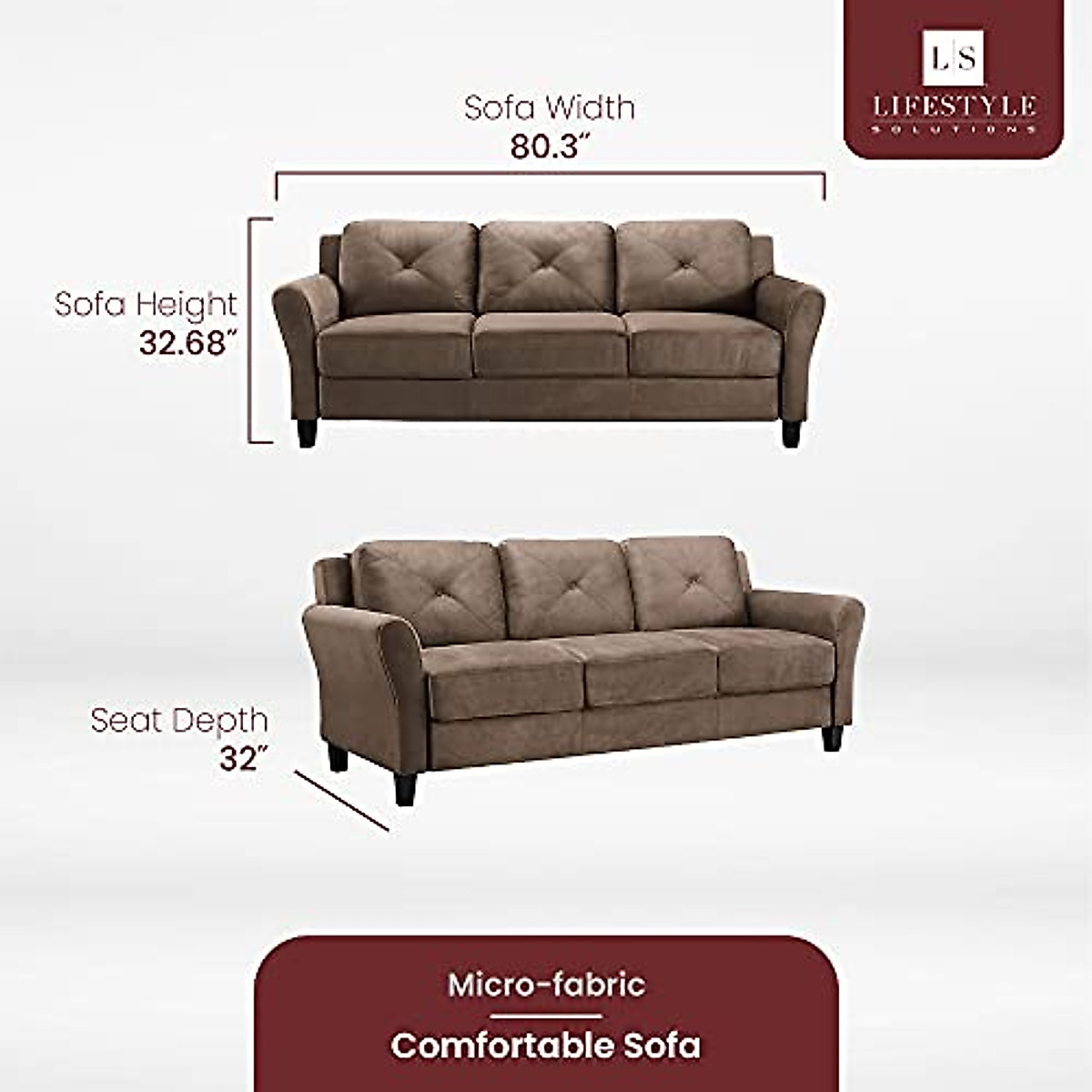 LIFESTYLE SOLUTIONS Collection Grayson Micro-Fabric Sofas, 80.3" x 32" x 32.68", Brown