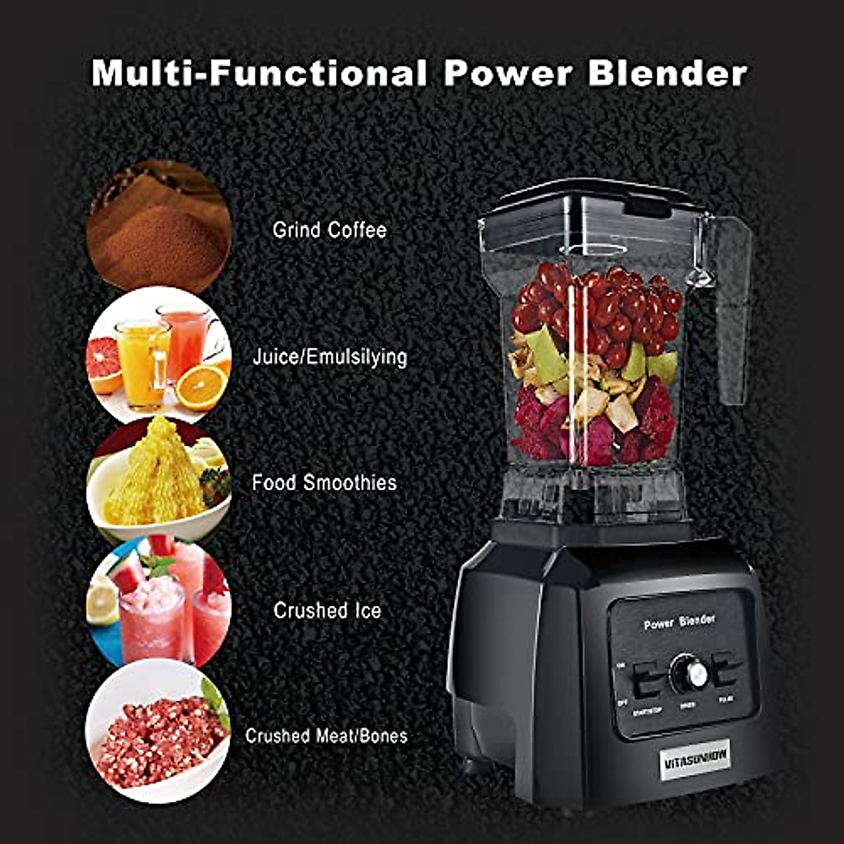 VITASUNHOW Professional Blenders with 1300-Watt Motor & 11 Speeds Control, High Speed Blender for Puree, Ice Crush, Shakes and Smoothies,Black