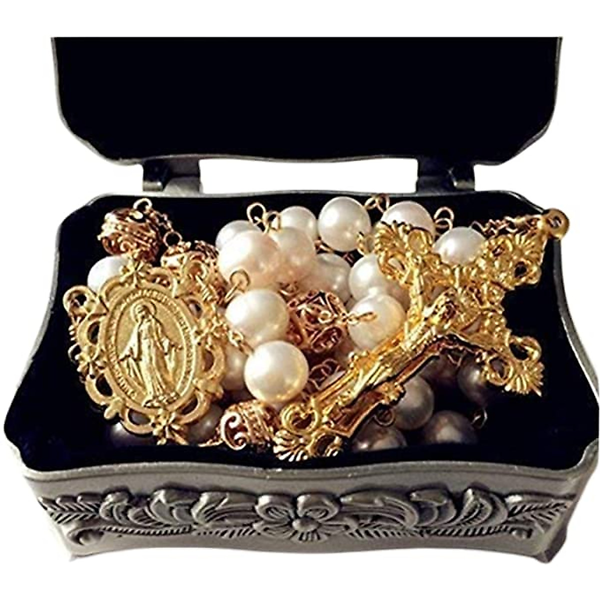 White Real Pearl Rose Gold Beads Catholic Rosary Cross Necklace Supper Box
