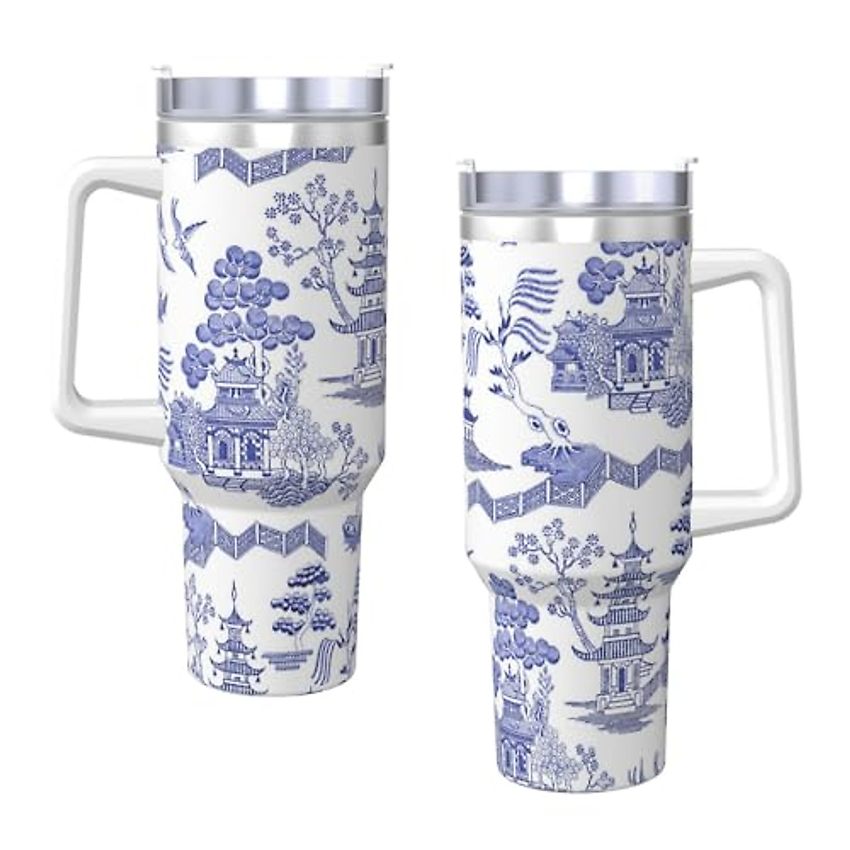 Xiexide 40oz Rustproof Hiking Tower Spring Chinese Folk Chinoiserie Style Double Walled Vacuum Insulatedith Handle And Straw,Hot & Cold Drinks