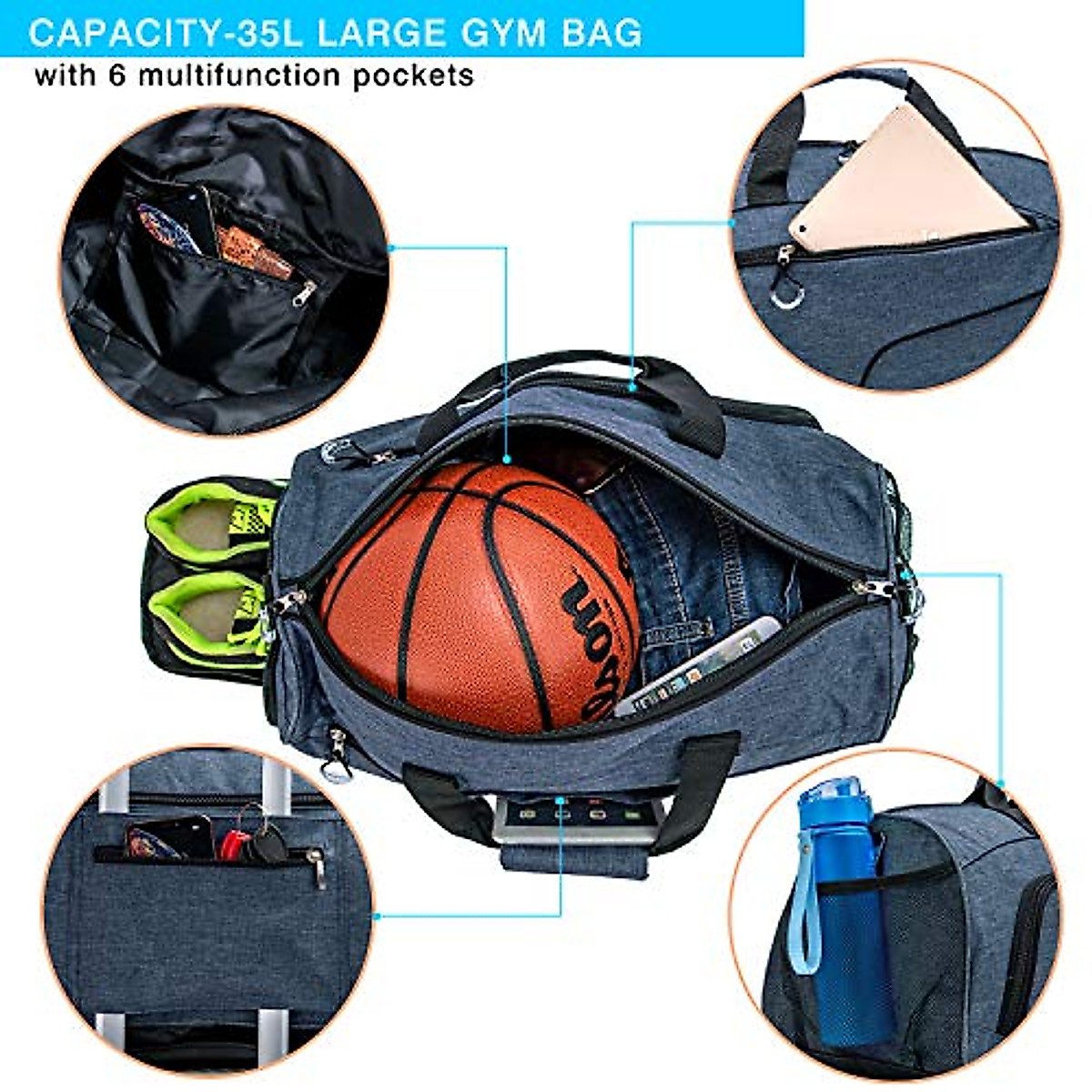 Kuston Sports Gym Bag with Shoes Compartment &Wet Pocket Gym Duffel Bag Overnight Bag for Men and Women