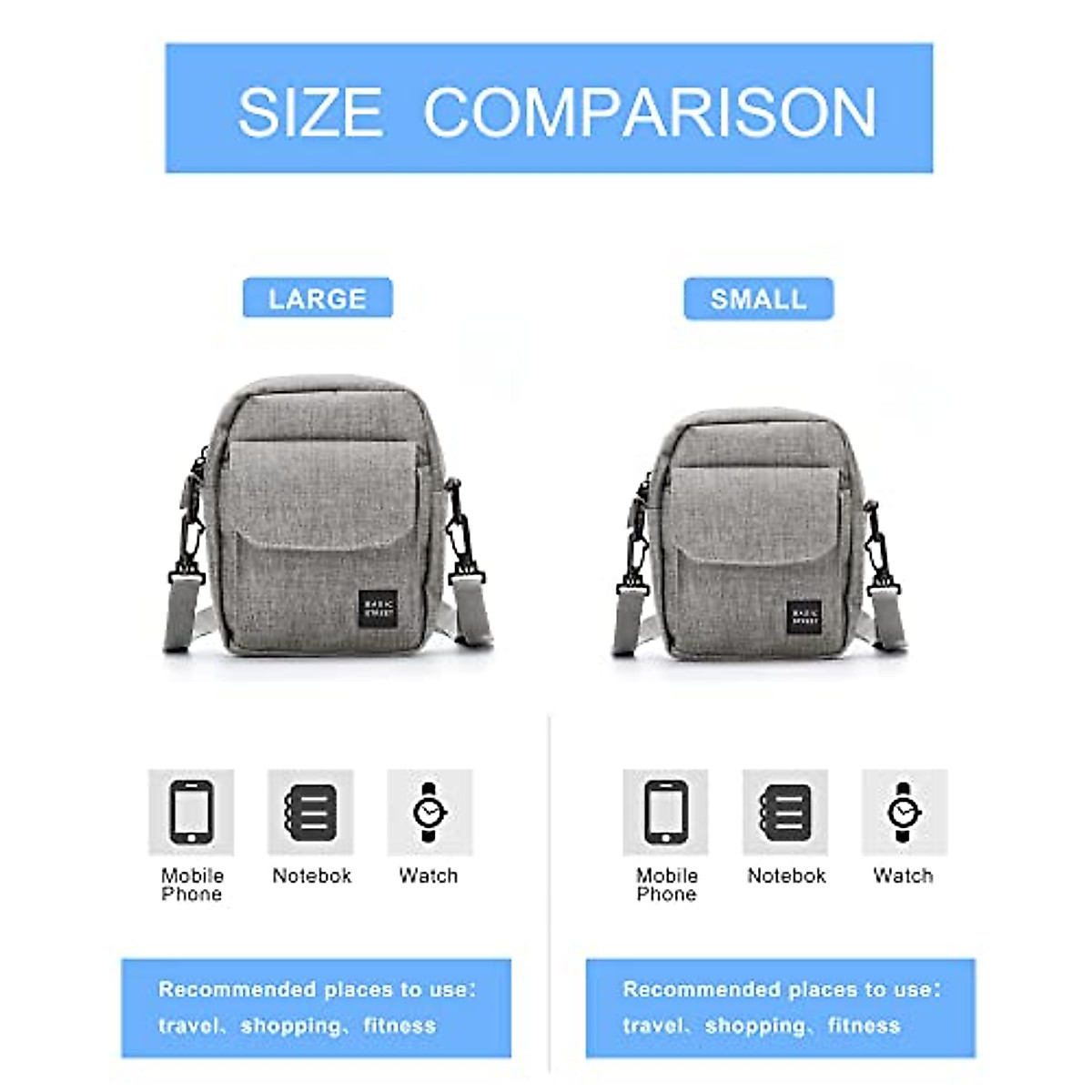 Grey Small Side Shoulder Bag Crossbody Bag for Men Women Mini Messenger Bag Satchel Bag Travel Purse Wallet Passport Holder Bag, Cell Phone Purse Neck Pouch Wallet- Unisex Large Size
