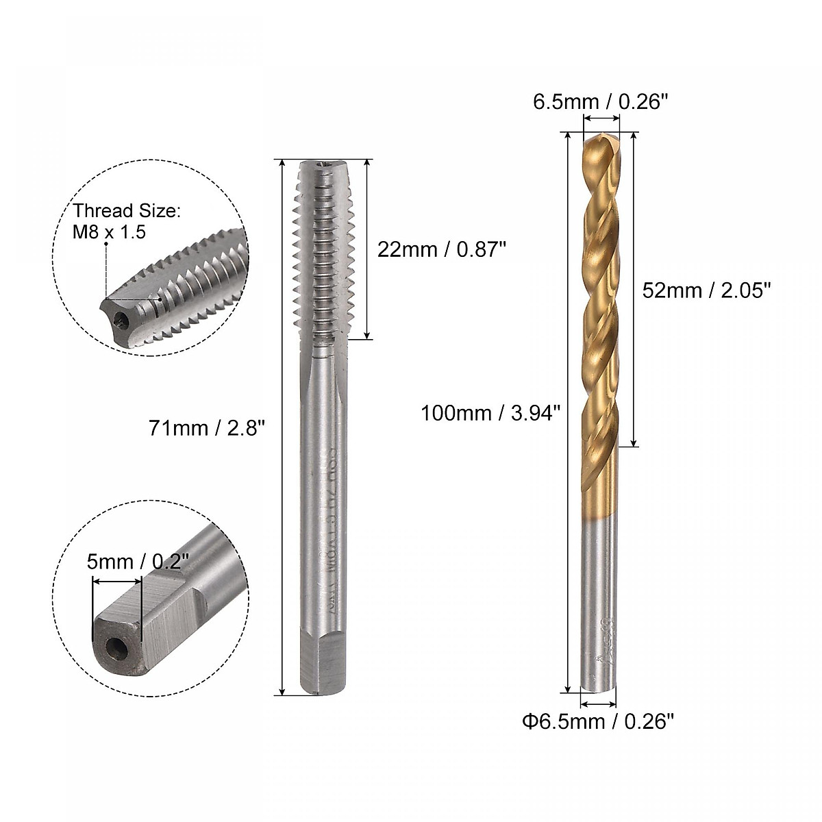 uxcell M8 x 1.5 Straight Flute Thread Tap and 6.5mm Twist Drill Bit Set, Metric Titanium Plated 6542 High Speed Steel Machine Screw Thread Tap Threading Drilling Tool