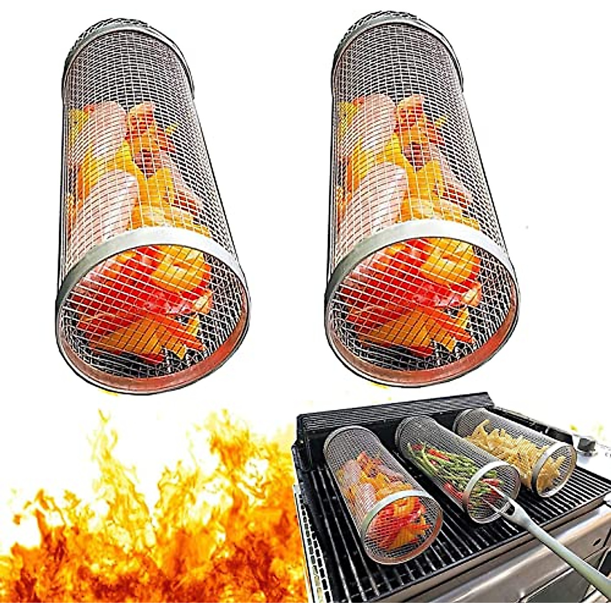 DMFC 2pcs Rolling Grilling Basket Stainless Steel Rolling Grill Baskets for Outdoor Grill Round BBQ Basket Camping Grill Suitable for Vegetable, Fries, Fish (12.2X3.6X3.6in)