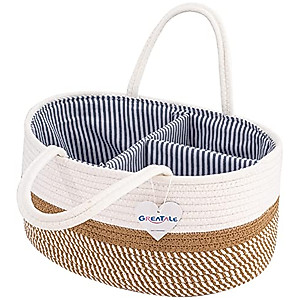GREATALE Baby Diaper Caddy Organizer - Portable Rope Nursery Storage Bin for Changing Table & Car - Diaper Storage Basket with Removable Divider (Brown)