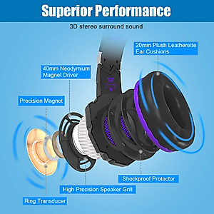 BENGOO Stereo Gaming Headset for PS4, PC, Xbox One Controller, Noise Cancelling Over Ear Headphones Mic, LED Light, Bass Surround, Soft Memory Earmuffs for Laptop Mac Nintendo Switch Games - Purple