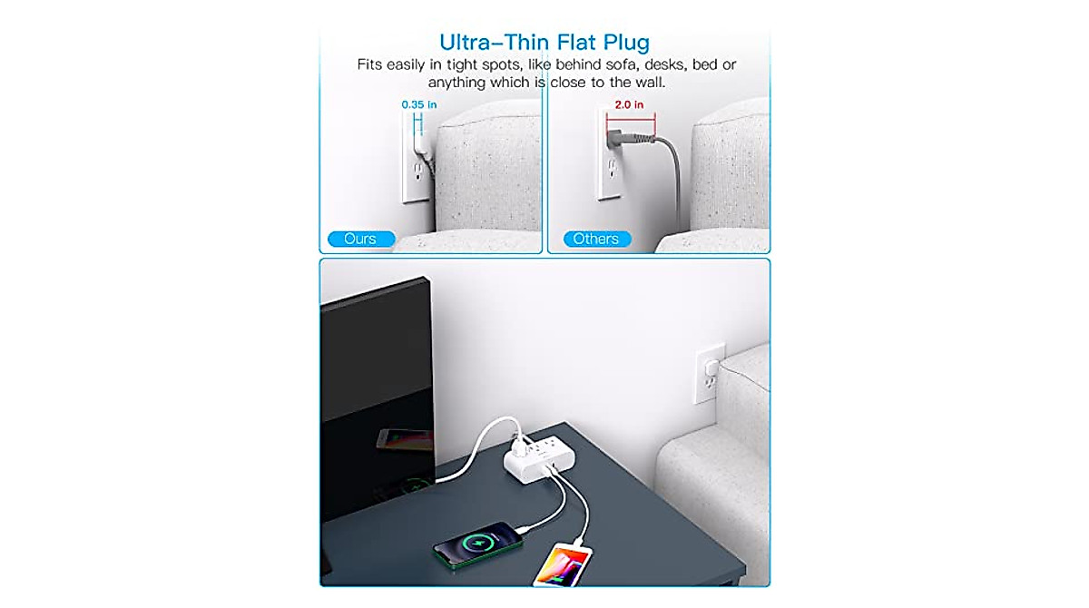 Flat Plug Power Strip, 6 Ft Ultra Thin Flat Extension Cord, 3 Outlets 3 USB Ports(2 USB C) Multi ...