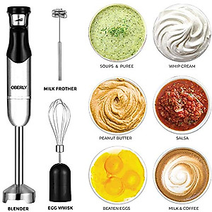Immersion Hand Blender Electric, OBERLY 500W Smart Stepless 3-in-1 Heavy Duty Handheld Stick Mixer, Stainless Steel Blade with Milk Frother, Egg Whisk for Coffee Foam, Smoothies and Puree