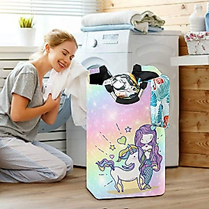 ALAZA Cute Laundry Hamper Kids Girls, Fabric Laundry Bakset Collapsible, Dirty Clothes Hamper, Rainbow Magic Unicorn Mermaid Girl