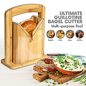 Bamboo Bagel Slicer - Guillotine Bagel Cutter with Clear Safety Shield, Non Stick Blade and Easy Grip Handle - Bread Slicer for Homemade and Commercial Buns, Muffins and Rolls (By Homeries)