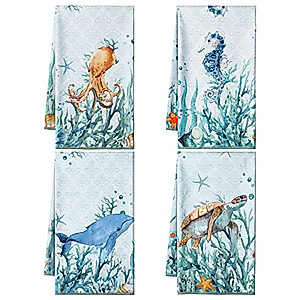 4 Pack Sea Kitchen Towels Beach Dish Towels for Kitchen Turtle Towels Hand Towels Ocean Animal Nautical Dish Cloths Kitchen Tea Towels for Cleaning, Drying (Ocean)