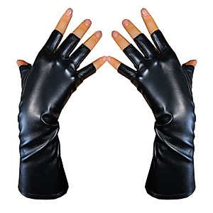 Women Half Finger Latex Long Gloves Faux Patent Leather Shine 28cm Fingerless Cosplay Gloves (Black)
