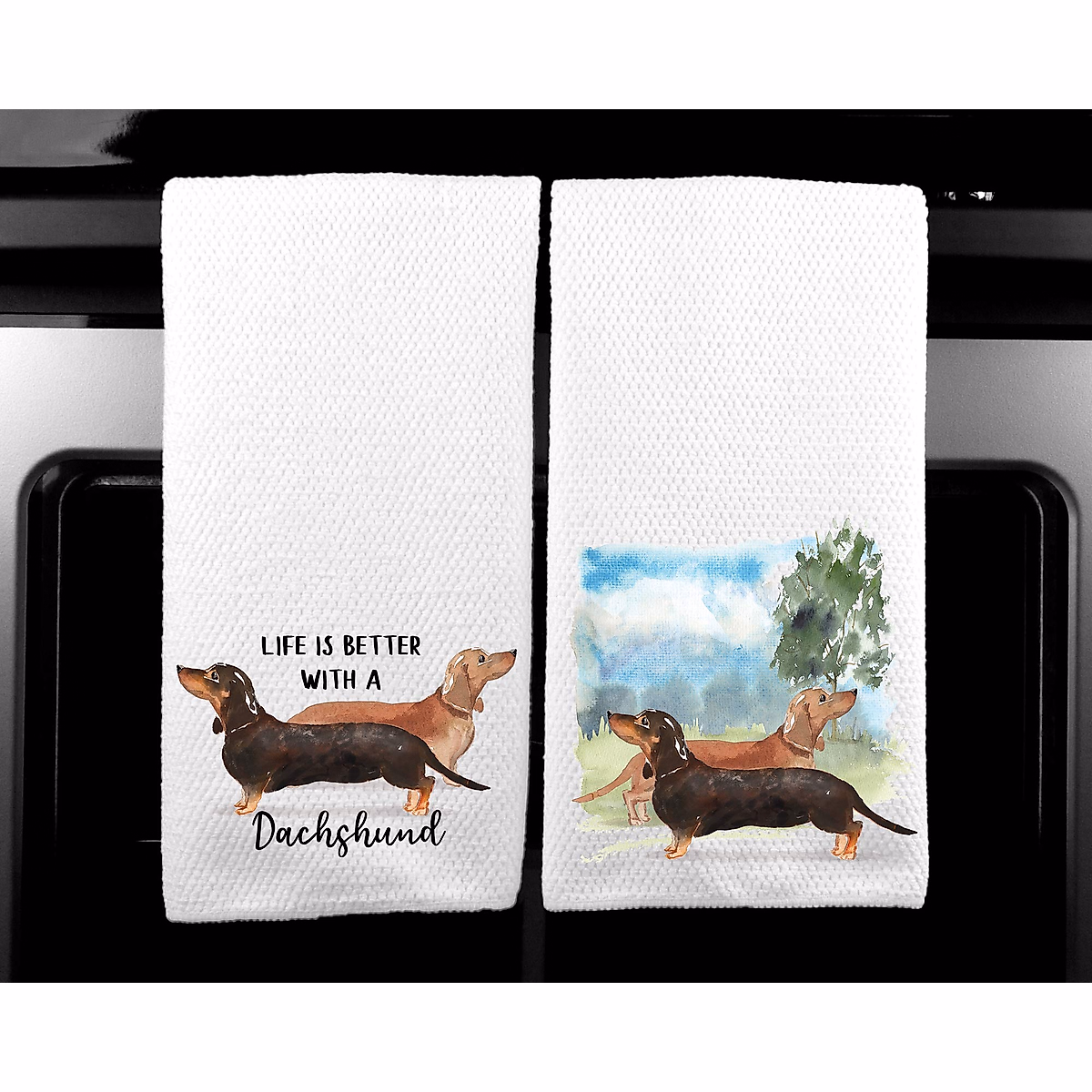 Dachshund Landscape and Watercolor Dog Life is Better Microfiber Kitchen Tea Towel Set of 2