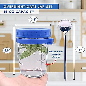 KARD LABS - Overnight Oats Jar Set with Recipe Book, 16 oz Glass Mason Jars for Overnight Oats with Measuring Cup, Lids and Stainless Steel Spoons, 4 Pack