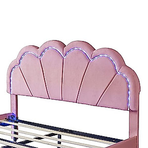 Merax Modern Upholstered Velvet Platform Bed with Led Wingback Headboard/No Box Spring Needed/Easy Assembly Queen, Pink