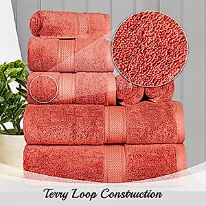 SUPERIOR Egyptian Cotton 8-Piece Solid Towel Set, Washcloths 13” x 13”, Hand Towels 20” x 30”, Bath Towels 30” x 55”, 800 GSM, Coral, 8-Pieces