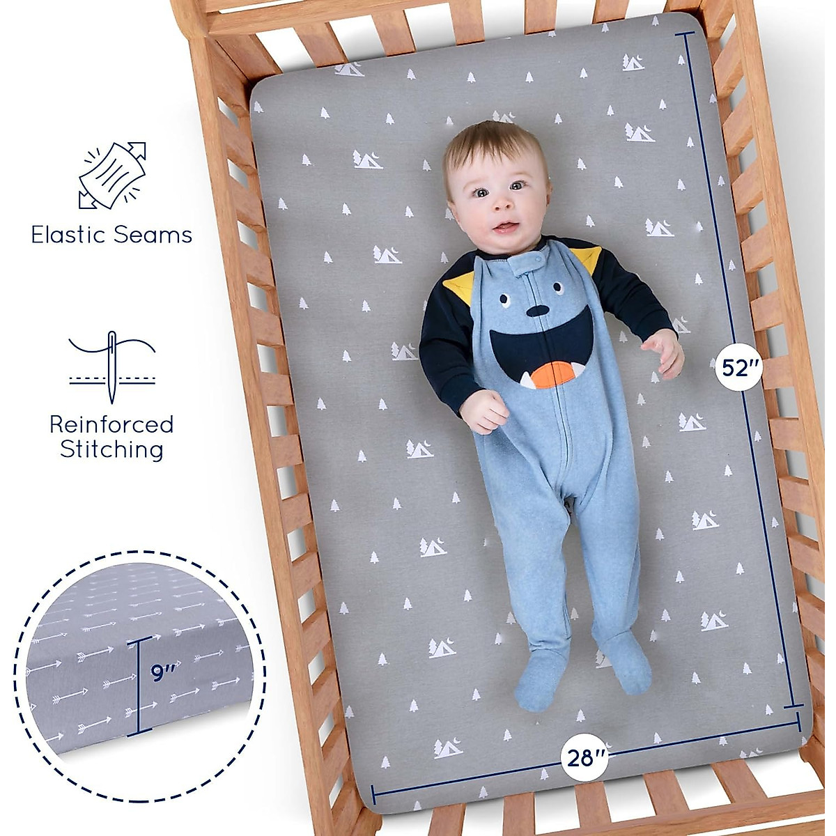 Fitted Unisex Crib Sheets (3 Pack) by GROW WILD - Jersey Knit Cotton Crib Sheets for Boys or Girls, 52” x 28” x 9” Crib Bedding Set (Woodland Gray and White)