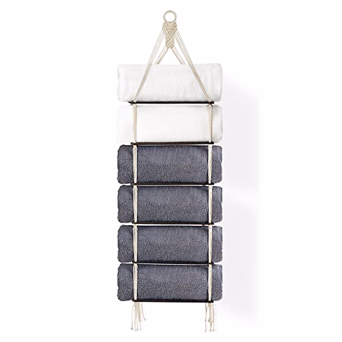 Mkono Macrame Towel Holder Over The Door Towel Rack for Bathroom Storage for Rollded Towels Hand Towels, 6 Tier Scarf Hanger Wood Hanging Shelves for Bedroom Living Room Entry