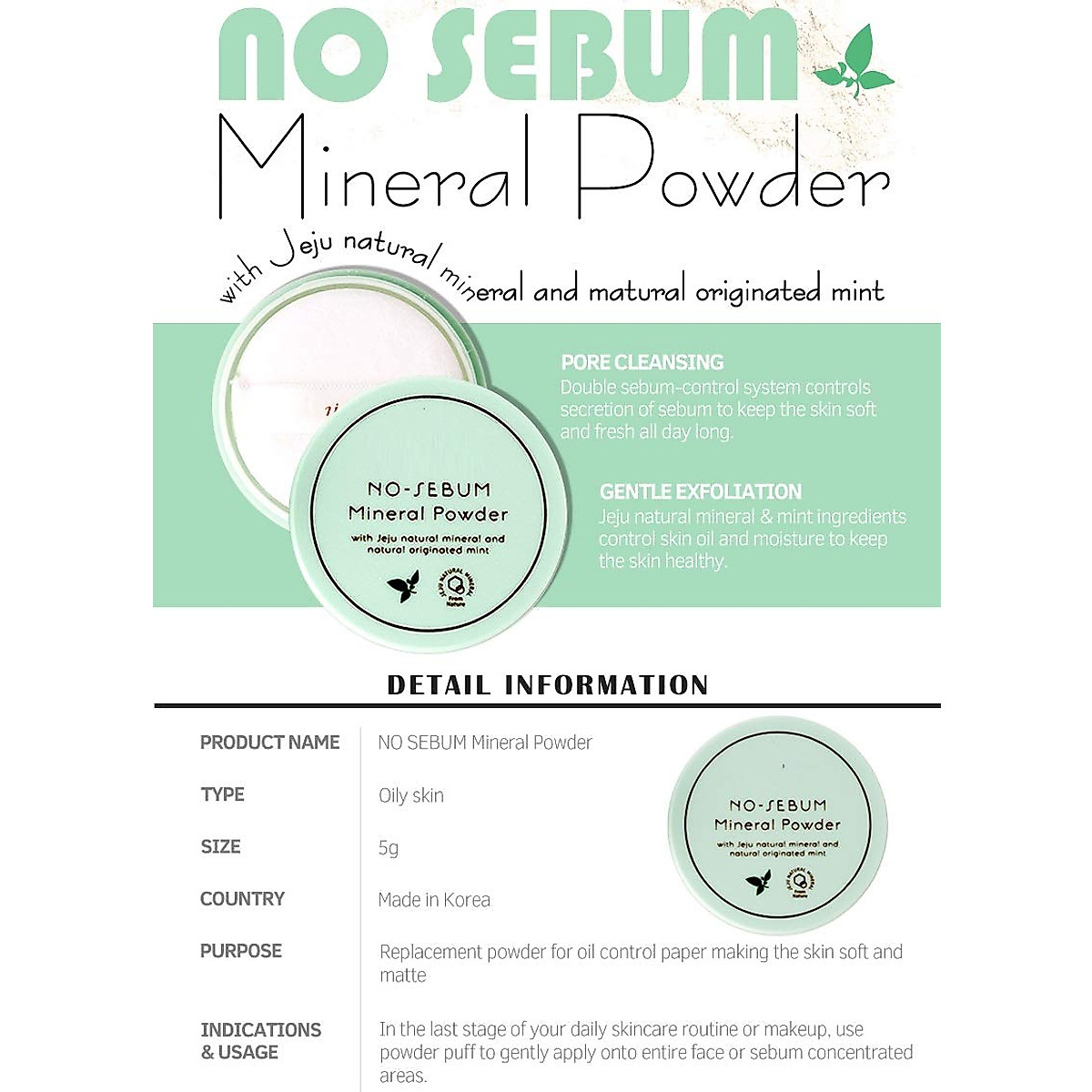 SoltreeBundle 2pcs No Sebum Mineral Powder 5g Korea Skincare with SoltreeBundle Oil Blotting Paper 50pcs