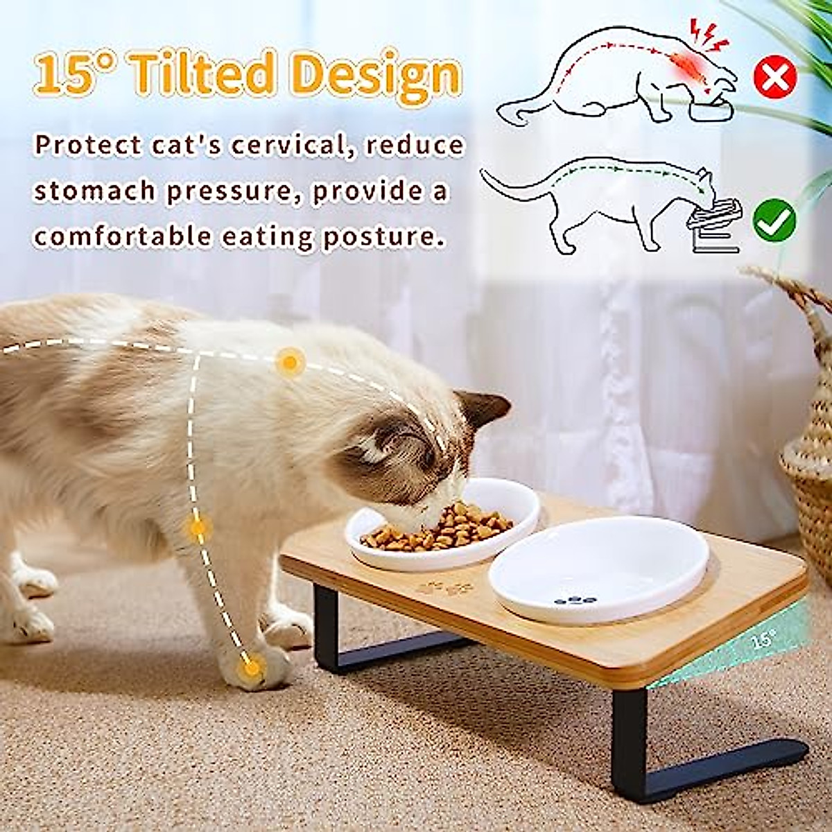 Ceramic Elevated Cat Bowls, 15° Tilted Raised Cat Food Bowls for Food and Water, Indoor Cat Dishes with Bamboo Stand Anti Vomiting for Cats and Puppy, Pet Bowl Set with Anti Slip Feet, Dishwasher Safe