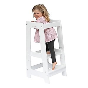 Stepup Baby Toddler Tower Step High Chair | Montessori Inspired | Kitchen Wooden Step Stool for Preschool Kids | Adjustable for 18 Month - 5 Years | Includes Safety Rail (White)