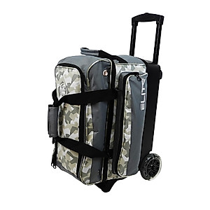 ELITE Deluxe 2 Ball Bowling Bag with 5" smooth wheels, Large Accessory pocket - Separate Compartment holds 1 pair of shoes up to US size 15 men - 36" extendable handle double roller (Grey Camo)