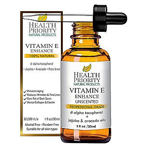 Organic Vitamin E Oil for Skin & Scars |100% Pure Natural Vitamin E Serum Hand Made in South Carolina | 15000 IU Vitamin E for Face & Hair| Non-GMO, Gluten & Cruelty Free, Vegan | Unscented 1 Fl Oz