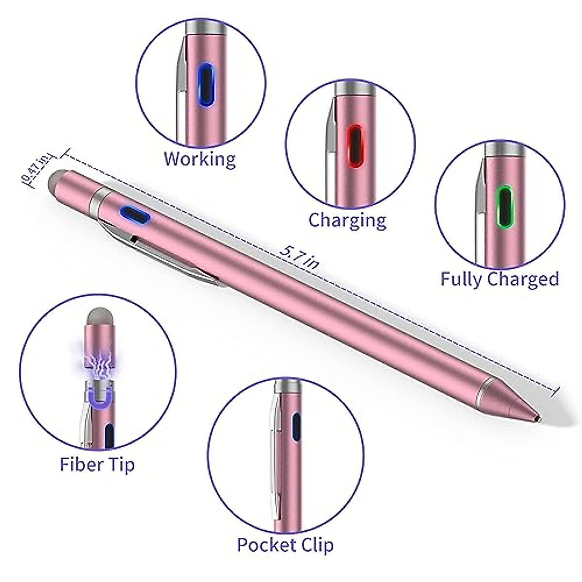 Stylus Pens for Touch Screens, Active Stylus Pen for iPad with Fine Point Tip, Compatible with Apple iPad/iPhone/Android/Samsung/Tablet and Other Touch Screen (Rose Gold)