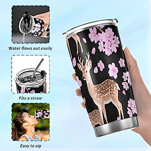 Amooorous Pink Romantic Japanese Cherry Blossom Deer Stainless Steel insulated water bottle for home with Straw Lid travel travel mugs insulated for hot for Home, Office or Car aesthetic Vacuum