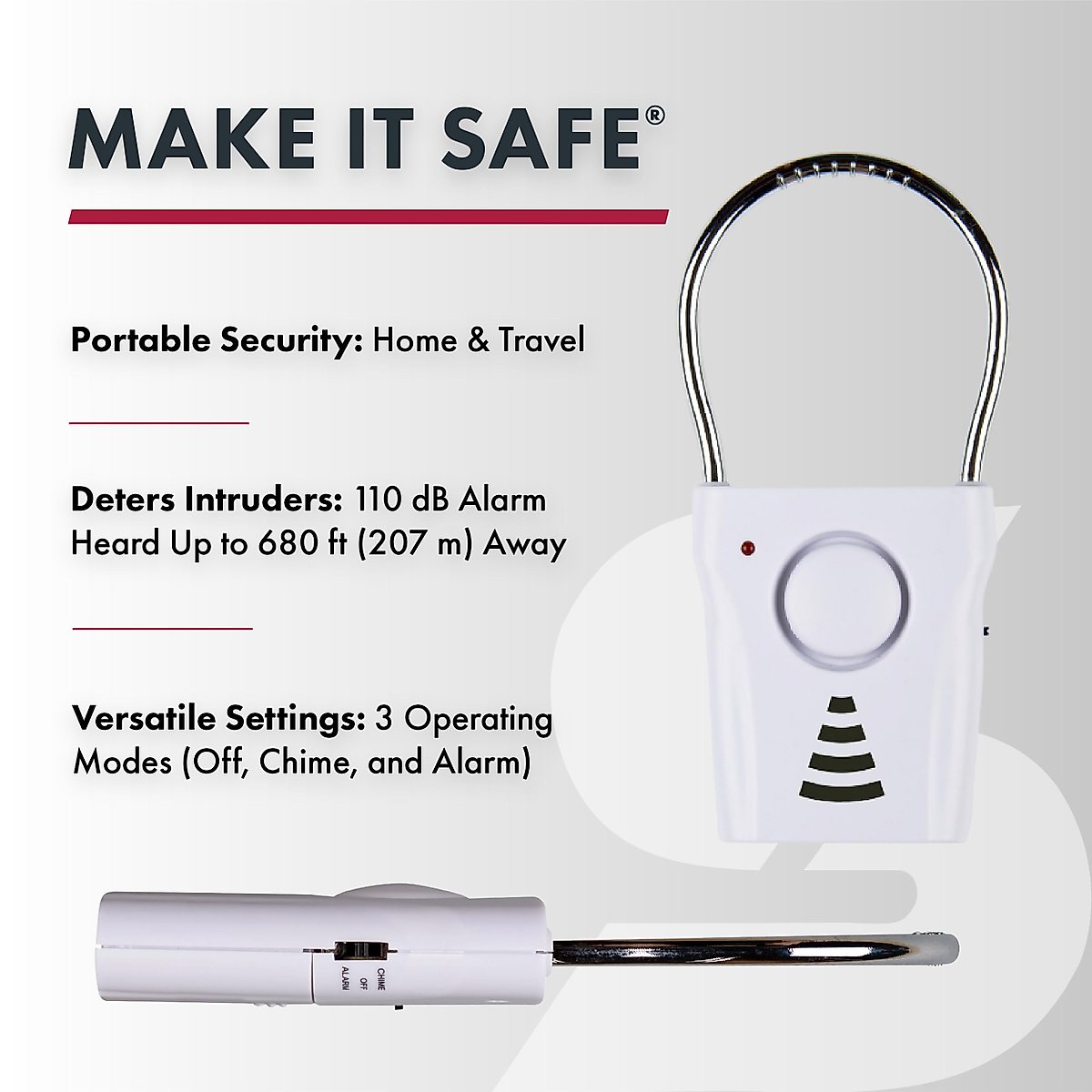SABRE 110dB Door Handle Alarm, Extremely Loud Wireless Alarm Audible Up To 680 Ft Away, Hangs Off Door Knob or Handle, Vibration-Triggered Home Security Alarm, 3 Adjustable Settings, Great for Travel