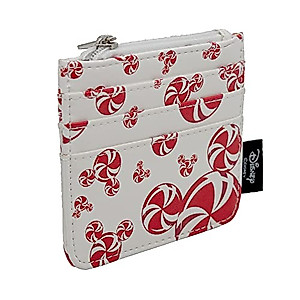 Buckle Down Women's Disney Wallet, Id Zip Top, Mickey Mouse Peppermint Candy Swirl Ears Icon, White, Vegan Leather, 4.0" x 3.5"