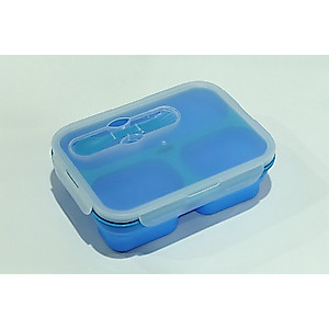 Sailing Elegant Collapsible Silicone 3-Compartments Lunch Box/Container, Super Convenient Stackable Food Storage Containers, Material Safe (Set of 1, Blue)