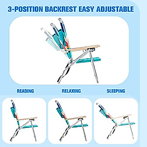 GREEN PARTY Beach Chair 2 Pack Aluminum Lightweight Folding Reclining Beach Chair with 3 Positions, Cooler Bag, and Wooden Armrest for Outdoor Camping Lawn, Support 250LBS, Blue