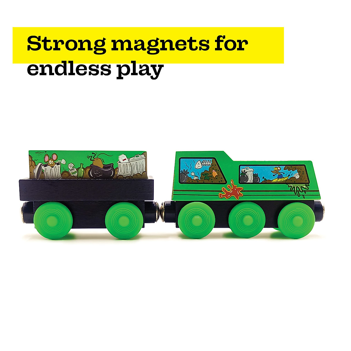 Wooden Garbage Truck Toy - Trashy Terry - Zany Trains Series 1 - Wooden Train Set with Cargo - Compatible with All Wooden Train Sets - Wooden Toddler Recycling Vehicle - Gross Trash Train