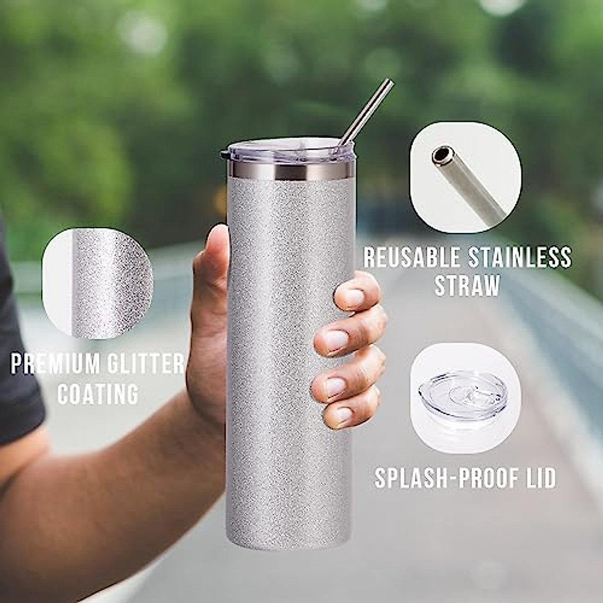 PYD Life Sublimation Tumblers Glitter Blanks Skinny 30 OZ Silver Straight Stainless Steel Tumbler with Lid and Stainless Straw for Tumbler Heat Press Sublimation Oven Printing 4 Pack