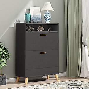 Gyfimoie Shoe Storage Cabinets, Free Standing Shoe Organizer with 2 Flip Drawers for Entryway, Narrow 3 Tier Entryway Hidden Shoe Rack with Doors (Black)