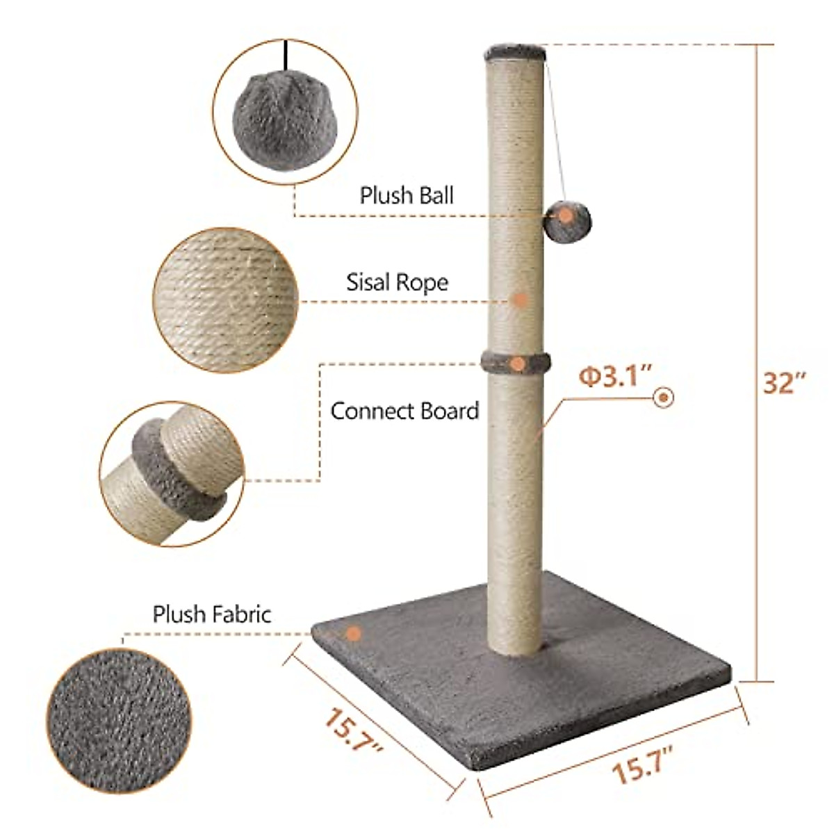 Qucey 32 Inches Cat Scratching Post, Cat Scratch Post Claw Scratcher with Sisal Rope, Scratching Post for Indoor Cats with Hanging Ball