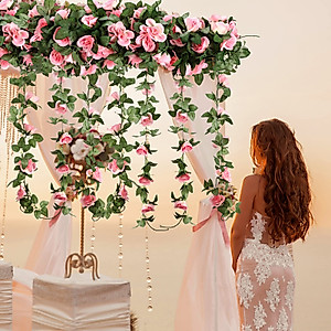 Hoteam 12 Pcs (90 Ft) Pink Fake Rose Vine Garlands for Wedding Artificial Rose Vine Plants Room Decor Flowers Hanging Rose Garland for Wall Wedding Party Backdrop Garden Craft Art Decorations