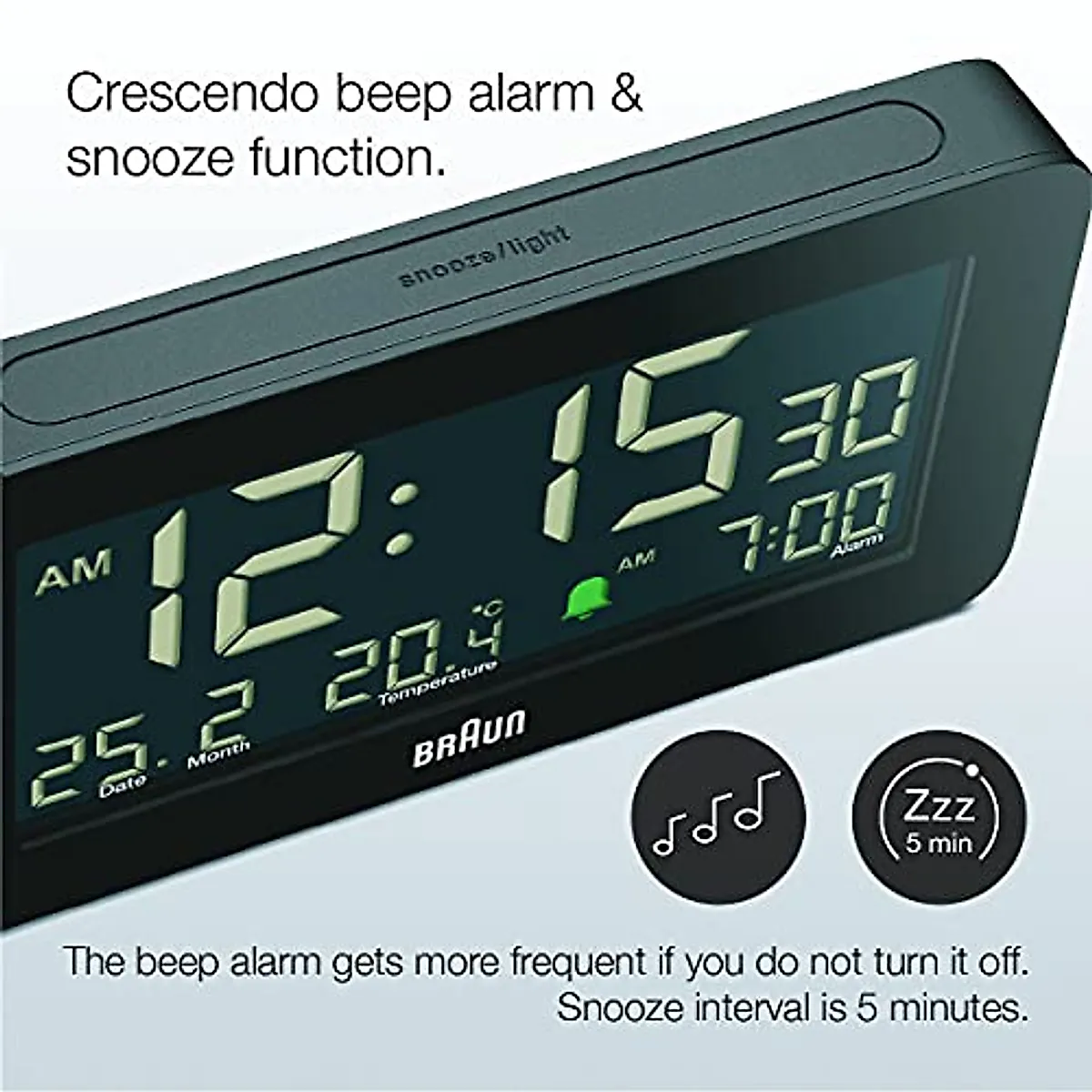 Braun Digital Alarm Clock with Date, Month and Temperature Displayed, Negative LCD Display, Quick Set, Crescendo Beep Alarm in Black, Model BC10B.