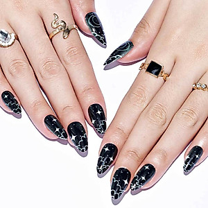 GLAMERMAID Winter Press on Nails Almond,Black Gel False Nails with tree Design,24 PCS Glue on Nails,Reusable Acrylic Stick on Nails Tips Manicure Set for Women Girls Gift