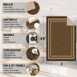 Ottomanson Ottohome Non-Slip Rubberback Bordered Design 5x7 Indoor Area Rug, 5' x 6'6", Brown